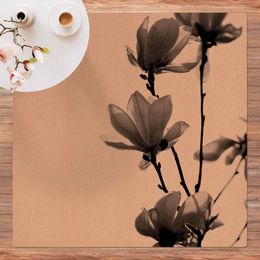 Bilderwelten Kork-Teppich Tropisch schwarz weiss Korkmatte - Fr&uuml;hlingsbote Magnolie Schwarz Wei&szlig; - Pflanzen Wohnzimmer Schlafzimmer