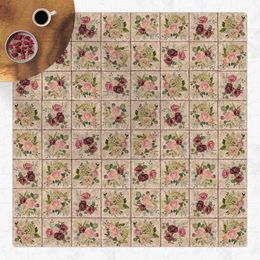 Bilderwelten Kork-Teppich Illustration beige Fliesenoptik - Vintage Rosen und Hortensien - Deko Wohnzimmer Schlafzimmer