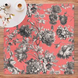 Bilderwelten Kork-Teppich Vintage rosa Blumen Korkmatte - Floraler Kupferstich Graukoralle - Retro Wohnzimmer Schlafzimmer