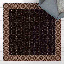 Bilderwelten Kork-Teppich modern schwarz weiss Fliesenoptik - Geometrische Fliesen Punktlinien Schwarz mit Bord&uuml;re - Geometrisch Wohnzimmer Schlafzimmer