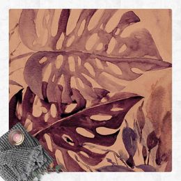 Bilderwelten Kork-Teppich Tropisch violett Aquarell - Aquarell Tropische Bl&auml;tter mit Monstera in Aubergine - Pflanzen Wohnzimmer Schlafzimmer