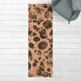 Bilderwelten Kork-Teppich Illustration grau Blumen Aquarell - Dunkle Barockbl&uuml;ten mit wei&szlig;er Geometrie - Deko Wohnzimmer Schlafzimmer