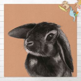 Kork-Teppich - Illustration Hase Schwarz Wei&szlig; Zeichnung - modern schwarz weiss Tiere Aquarell Deko Wohnzimmer Schlafzimmer