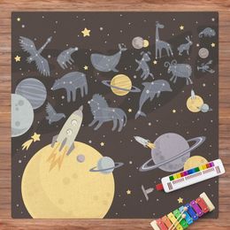 Bilderwelten Kork-Teppich Illustration blau Spirituell Korkmatte - Planeten mit Sternzeichen und Raketen - Himmel Kinderzimmer Baby M&auml;dchen Jungen