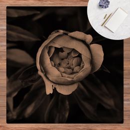 Bilderwelten Kork-Teppich Motiv schwarz weiss Korkmatte - Pfingstrosenbl&uuml;te vor Bl&auml;ttern Schwarz-Wei&szlig; - Rose Wohnzimmer Schlafzimmer