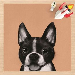 Bilderwelten Kork-Teppich modern schwarz weiss Tiere Aquarell - Illustration Hund Boston Schwarz Wei&szlig; Malerei - Hund Wohnzimmer Schlafzimmer