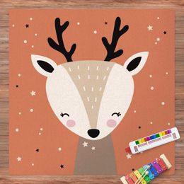 Bilderwelten Kork-Teppich Illustration rosa Tiere Korkmatte - Gl&uuml;ckliches Reh - Hirsch Kinderzimmer Baby M&auml;dchen Jungen