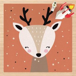 Kork-Teppich - Gl&uuml;ckliches Reh - Illustration rosa Tiere Korkmatte Hirsch Kinderzimmer Baby M&auml;dchen Jungen