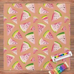 Bilderwelten Kork-Teppich Illustration rosa Kulinarisch Aquarell - Aquarell Melonenst&uuml;cke - Obst K&uuml;che