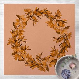 Bilderwelten Kork-Teppich Illustration orange Aquarell - Romantischer Bl&uuml;tenkranz Orange - Deko Wohnzimmer Schlafzimmer