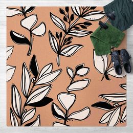 Bilderwelten Kork-Teppich Illustration schwarz weiss Korkmatte - Grafische Bl&auml;tterzweige in Schwarz Wei&szlig; - Deko Wohnzimmer Schlafzimmer
