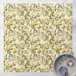 Bilderwelten Kork-Teppich Illustration gelb Kulinarisch Aquarell - Fruchtige Zitronen mit Bl&auml;ttern - Obst Wohnzimmer Schlafzimmer