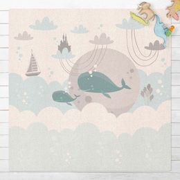 Bilderwelten Kork-Teppich Illustration weiss Tiere Korkmatte - Wolken mit Wal und Schloss - Fische Kinderzimmer Baby M&auml;dchen Jungen