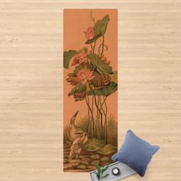 Bilderwelten Kork-Teppich Vintage beige Blumen Korkmatte - Wei&szlig;e Kraniche unter Lotusbl&uuml;ten - Retro Wohnzimmer Schlafzimmer