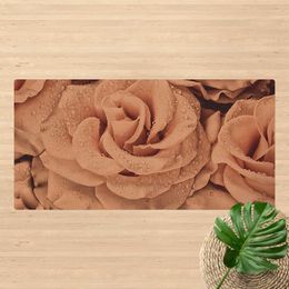 Bilderwelten Kork-Teppich Landhaus beige Blumen Korkmatte - Rosen Sepia mit Wassertropfen - Rose Wohnzimmer Schlafzimmer