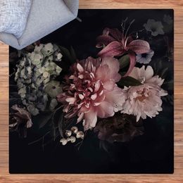 Bilderwelten Kork-Teppich Fotomontage schwarz Blumen Korkmatte - Blumen mit Nebel auf Schwarz - Deko Wohnzimmer Schlafzimmer