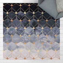 Bilderwelten Kork-Teppich Abstrakt gold originell Aquarell - Blaue Geometrie goldenes Art Deco - Geometrisch Wohnzimmer Schlafzimmer