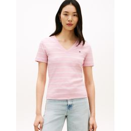 Tommy Hilfiger Damen T-Shirt "SLIM CODY V-NECK SHORT SLEEVE", rosa, Gr. S, gestreift, Jersey, Obermaterial: 100% Baumwolle, Shirts, aus Baumwolle,