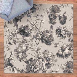 Bilderwelten Kork-Teppich Vintage grau Blumen Korkmatte - Floraler Kupferstich Schwarzgrau - Retro Wohnzimmer Schlafzimmer