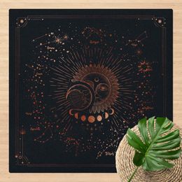 Bilderwelten Kork-Teppich Illustration blau Weltkarte Korkmatte - Astrologie Sonne Mond und Sterne Blau Gold - Himmel Wohnzimmer Schlafzimmer