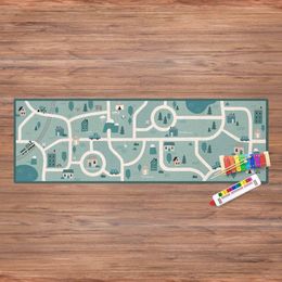 Bilderwelten Kork-Teppich Illustration blau Korkmatte - Dorf - Klein aber fein - Auto Kinderzimmer Baby M&auml;dchen Jungen