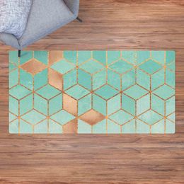 Bilderwelten Kork-Teppich Abstrakt t&uuml;rkis originell Aquarell - T&uuml;rkis Wei&szlig; goldene Geometrie - Geometrisch Wohnzimmer Schlafzimmer