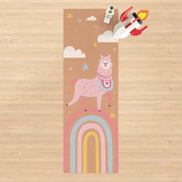 Bilderwelten Kork-Teppich Illustration bunt Tiere Korkmatte - Lama auf Regenbogen mit Sternen und P&uuml;nktchen - Regenbogen Kinderzimmer Baby M&auml;dchen Jungen