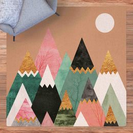 Bilderwelten Kork-Teppich Abstrakt bunt originell Aquarell - Dreieckige Berge mit Goldspitzen - Deko Wohnzimmer Schlafzimmer
