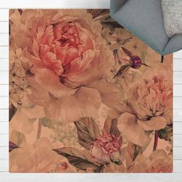 Bilderwelten Kork-Teppich Landhaus rosa Korkmatte - Zartes Aquarell Pfingstrosen Muster - Deko Wohnzimmer Schlafzimmer