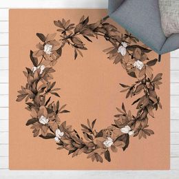 Kork-Teppich - Romantischer Bl&uuml;tenkranz Wei&szlig;e Bl&uuml;ten - Illustration schwarz Aquarell Deko Wohnzimmer Schlafzimmer