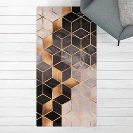 Kork-Teppich - Schwarz Wei&szlig; goldene Geometrie - Abstrakt schwarz weiss originell Aquarell Geometrisch Wohnzimmer Schlafzimmer