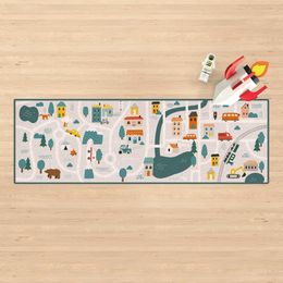 Bilderwelten Kork-Teppich Illustration bunt Korkmatte - Kleinstadt - Von der Stadt in die Natur - Auto Kinderzimmer Baby M&auml;dchen Jungen
