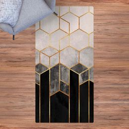 Bilderwelten Kork-Teppich Abstrakt schwarz weiss originell Aquarell - Goldene Sechsecke Schwarz Wei&szlig; - Geometrisch Wohnzimmer Schlafzimmer