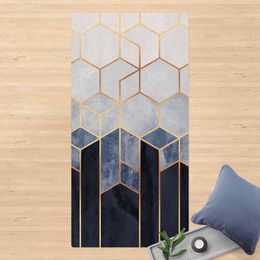 Bilderwelten Kork-Teppich Abstrakt blau originell Aquarell - Goldene Sechsecke Blau Wei&szlig; - Geometrisch Wohnzimmer Schlafzimmer