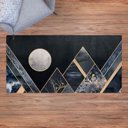 Bilderwelten Kork-Teppich Abstrakt blau originell Aquarell - Goldener Mond abstrakte schwarze Berge - Deko Wohnzimmer Schlafzimmer
