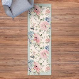 Bilderwelten Kork-Teppich Illustration pastell Aquarell - Aquarell Blumenbouquet mit Sukkulenten und Rahmen - Deko Wohnzimmer Schlafzimmer