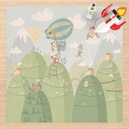 Kork-Teppich - Wald mit H&auml;usern und Tieren - Illustration gr&uuml;n Tiere Korkmatte Ballon Kinderzimmer Baby M&auml;dchen Jungen