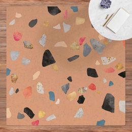 Bilderwelten Kork-Teppich Abstrakt weiss Aquarell - Wei&szlig;er Terrazzo mit Goldsteinchen - Deko Wohnzimmer Schlafzimmer