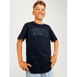 Jack & Jones Rundhalsshirt JACK & JONES JUNIOR "JJECORP stylisch, atmungsaktiv, pflegeleicht", Jungen, Gr. 128, blau (navy blazer), Jersey, Obermaterial: 100% Baumwolle, bedruckt, regular fit normal, Rundhals, Shirts Rundhalsshirt, bedruckt, casual, regular fit, Jersey, Rundhals