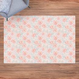 Bilderwelten Kork-Teppich Illustration pastell Aquarell - Rosa Blumen mit Hellblauen Bl&auml;ttern - Rose Wohnzimmer Schlafzimmer
