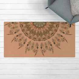 Bilderwelten Kork-Teppich modern blau Spirituell Aquarell - Mandala Aquarell Federn halbkreis blau gr&uuml;n - Feder Wohnzimmer Schlafzimmer