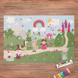 Bilderwelten Kork-Teppich Illustration bunt Korkmatte - M&auml;rchenland - Rettung vor dem Drachen - Prinzessin Kinderzimmer Baby M&auml;dchen Jungen