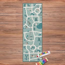 Bilderwelten Kork-Teppich Illustration blau Korkmatte - Dorf - Klein aber fein - Auto Kinderzimmer Baby M&auml;dchen Jungen