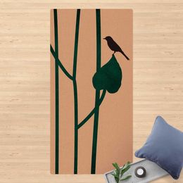 Kork-Teppich - Grafische Pflanzenwelt - Vogel auf Blatt - modern gr&uuml;n Tiere Korkmatte V&ouml;gel Wohnzimmer Schlafzimmer