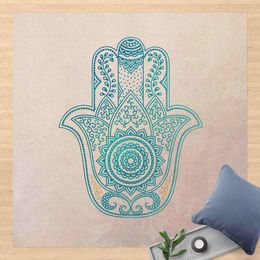 Kork-Teppich - Hamsa Hand Illustration Mandala gold blau - Orientalisch blau Spirituell Korkmatte Ornamente Wohnzimmer Schlafzimmer