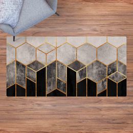 Bilderwelten Kork-Teppich Abstrakt schwarz weiss originell Aquarell - Goldene Sechsecke Schwarz Wei&szlig; - Geometrisch Wohnzimmer Schlafzimmer