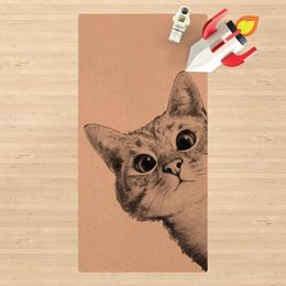 Bilderwelten Kork-Teppich modern schwarz weiss Tiere Aquarell - Illustration Katze Zeichnung Schwarz Wei&szlig; - Katze Wohnzimmer Schlafzimmer