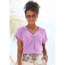 Lascana Damen Schlupfbluse, lila, Gr. 44, unifarben, Web, Obermaterial: 100% Viskose, Blusen, mit modischen Kn&ouml;pfen, luftige Kurzarmbluse, sommerlich