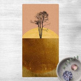 Bilderwelten Kork-Teppich modern gold Natur Korkmatte - Goldene Sonne mit Baum - Sonnenuntergang Wohnzimmer Schlafzimmer