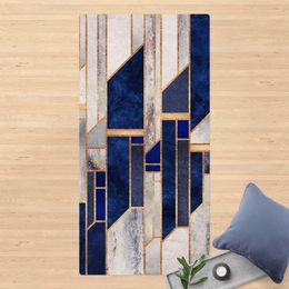 Kork-Teppich - Geometrische Formen mit Gold - Abstrakt blau originell Aquarell Geometrisch Wohnzimmer Schlafzimmer